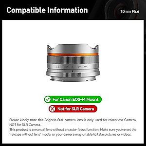 Brightin Star 10mm F5.6 Fisheye Wide Angle APS-C Manual Foucus Mirrorless Camera Lens, Fit for Canon EOS-M Mount M, M2, M3, M5, M6, M10, M100, M50, M200 (Silver)