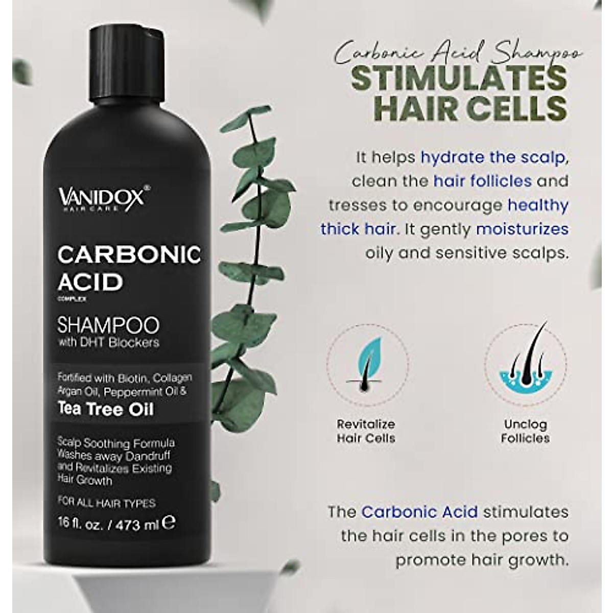 VANIDOX Carbonic Acid Shampoo and Conditioner for Men and Women, Deep Moisturizing Conditioner Thickens, Softens, & Smooths Set for Hair Growth and Repair, Made in USA - 16 Fl Oz Each