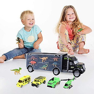 SUPREX 16 Inch Dinosaur Transport Truck Carrier Toy 14 Piece, 9 Educational Realistic Dinosaur Figures, 3 Matchbox Cars, 1 Helicopter, Dinosaur Toy for Boys, Gift for Kids Children Girls Ages 3+