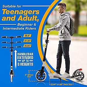 SereneLife Foldable Kick Scooter - Stand Kick Scooter for Teens and Adults with Rubber Grip at Tip, Alloy Deck, Adjustable T-Bar Handlebar Height, Smooth Gliding Wheels, Easy Maneuvering