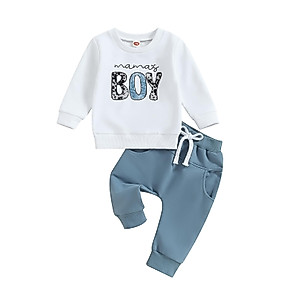 Toddler Baby Boy Clothes Mamas Boy Fall Winter Outfit Long Sleeve Letter Sweatshirt Plaid Jogger Pants Newborn Set (Mamas Boy White, 12-18 Months)