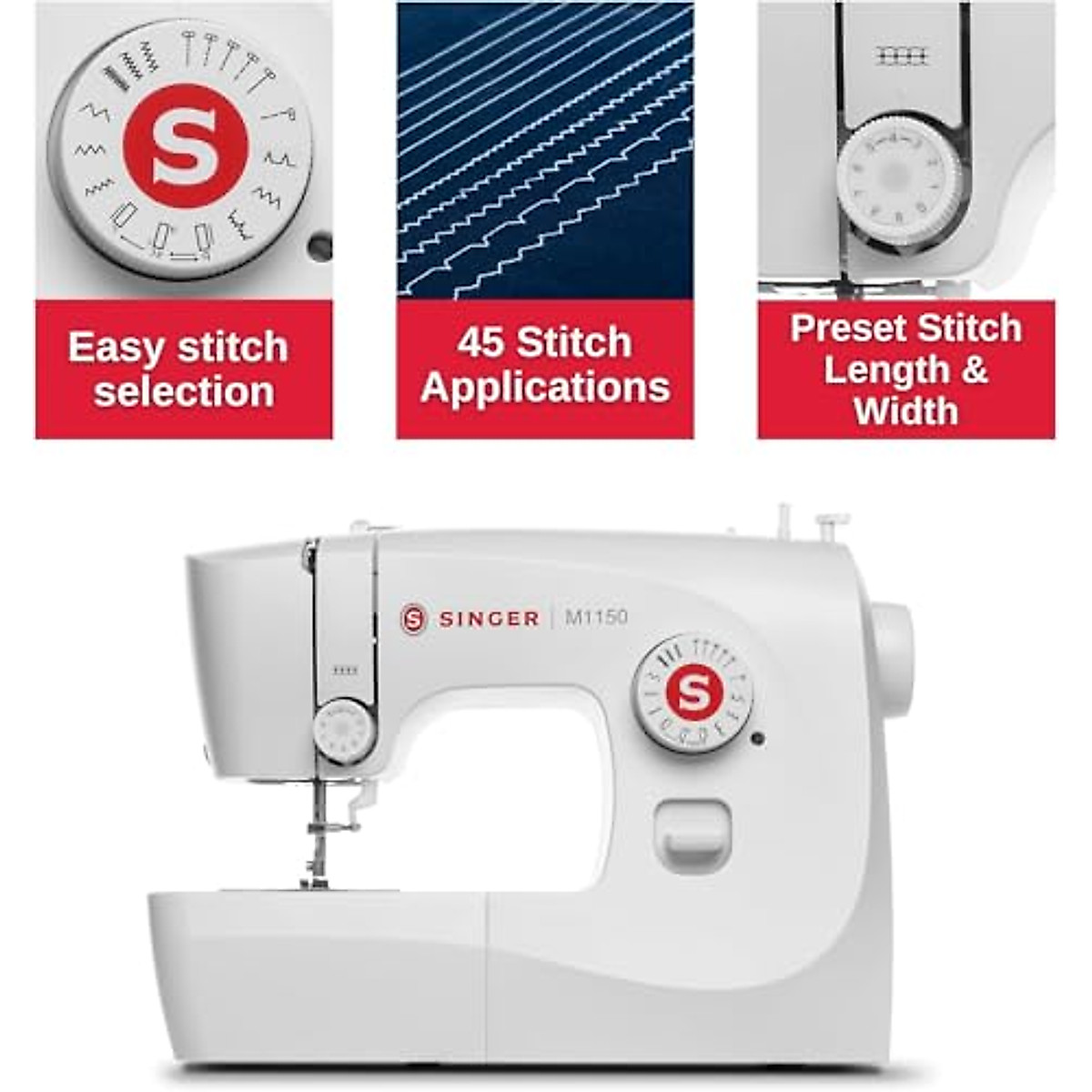 SINGER M1150 Lightweight & Portable Sewing Machine With 45 Stitch Applications, LED Light & 1-step Buttonhole | Used for Mending and Sewing