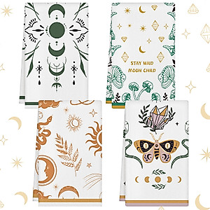 Kinlop 4 Pieces Kitchen Towels Gift Star Mushroom Moon Boho Witchy Cute Dish Towels Ultra Absorbent Drying Cloth Tea Towels Kitchen Hand Towels Farmhouse Soft Dishcloths Coffee Tea Bar Hand Towels