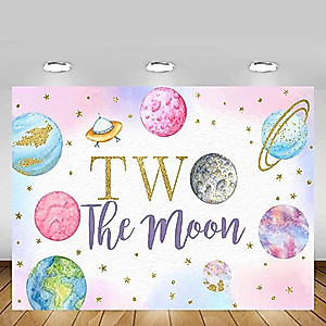 MEHOFOND 7x5ft Outer Space Two The Moon Backdrop Girl Happy 2nd Birthday Pink Gold Party Supplies Galaxy Planets Stars Theme Background Decor Photobooth Props Banner