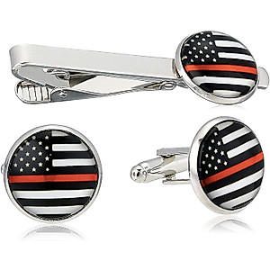 American Flag Tie Bar Clip and Cufflinks Set - Silver Colored Metal Plated - Luxury Clothing Accessories (Thin Red Line)