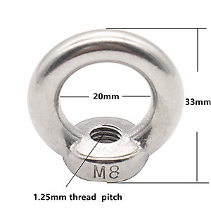 Eowpower 5 Pieces 304 Stainless Steel M8 Ring Eye Bolt Threaded Nuts