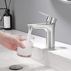 Single Handle Bathroom Faucet, Brushed Nickel Stainless Steel Bathroom Sink Faucet, Commercial Bathroom Faucets,1 Hole Deck Mount RV Mixer Tap Lavatory Vanity Sink Faucet with Supply Lines KMBF008L-1