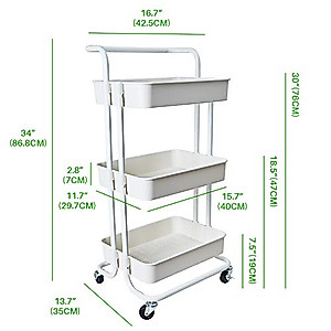 HOUSE DAY 3-Tier Rolling Utility Cart Storage Organization Shelves with Handle and Lockable Wheels Multifunction Storage Trolley Service Cart Easy Assembly for Kitchen, Bathroom, Office (White)