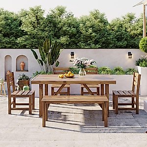 LUMISOL 6 Piece Patio Conversation Furniture Set, 6-Piece Outdoor Table Set with 4 Chairs and 1 Bench for 6 Persons, Acacia Wood Outdoor Table and Chair Set for Patio Balcony Backyard, Natural Wood