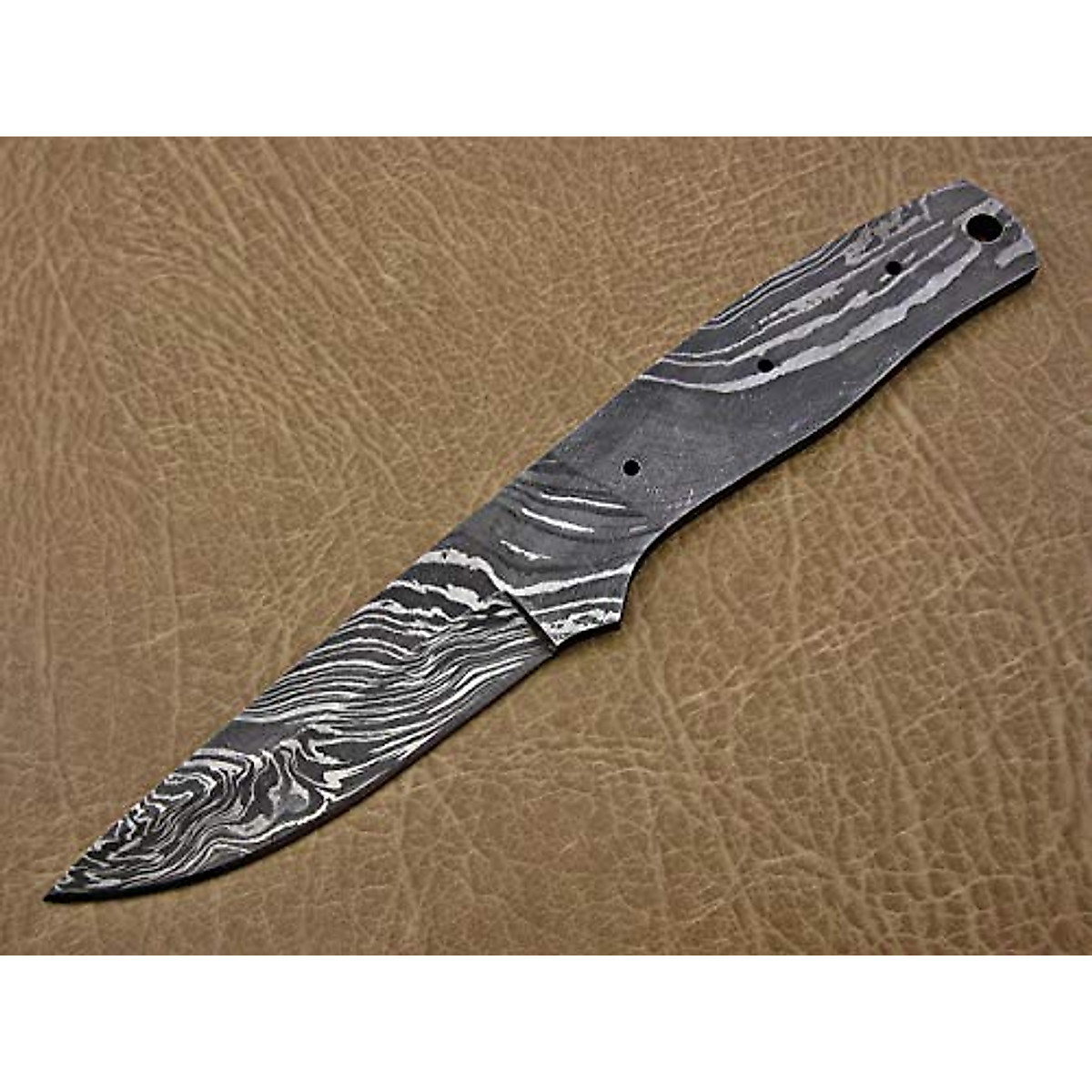 8.25 inchesstraight back Damascus Steel Blank Blade Skinning Knife with 3 Pin Hole & an Inserting Hole Space, 4 inches Cutting Edge, Hand forged Twist Pattern