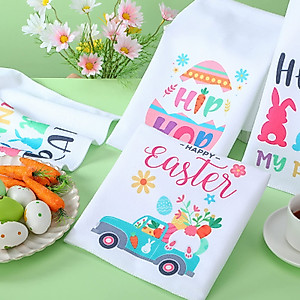 Rtteri 4 Pieces Bunny Trail Kitchen Towels for Easter Decor 16 x 26 Inch Hip Hop Hand Towels Spring Hello My Dish Towels Happy Easter Decorative Hand Drying Cloth for Kitchen Bathroom Gifts