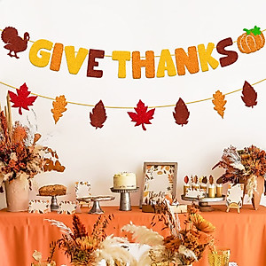 Give Thanks Banner Fall Autumn Leaves Turkey Thanksgiving Day Theme for Happy Thanksgiving Grateful Thankful Blessed Party Supplies Glitter Gold Decorations