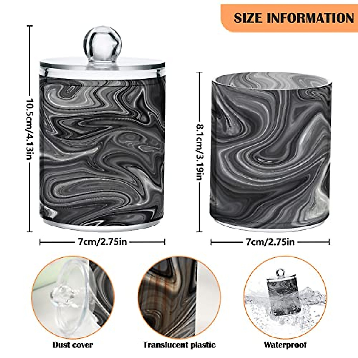 2 Pack Qtip Holder Organizer Dispenser Grey Black Marble Bathroom Storage Canister Cotton Ball Holder Bathroom Containers for Cotton Swabs/Pads/Floss