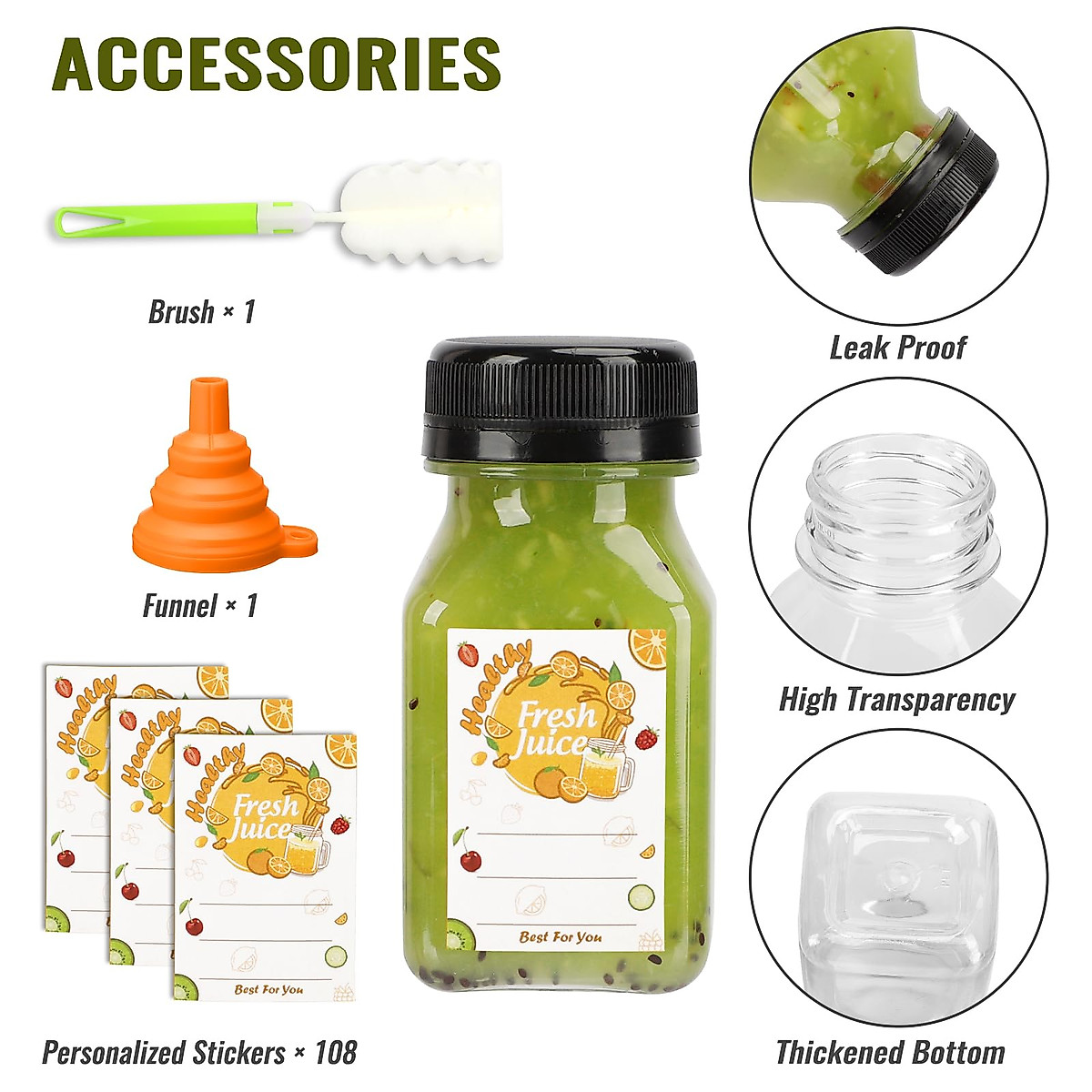 TOMNK 105pcs 4oz Shot Bottles with Caps, Reusable Mini Juice Bottles with Lids, Labels, Funnel and Brush Beverage Containers for Juicing, Milk and Beverages