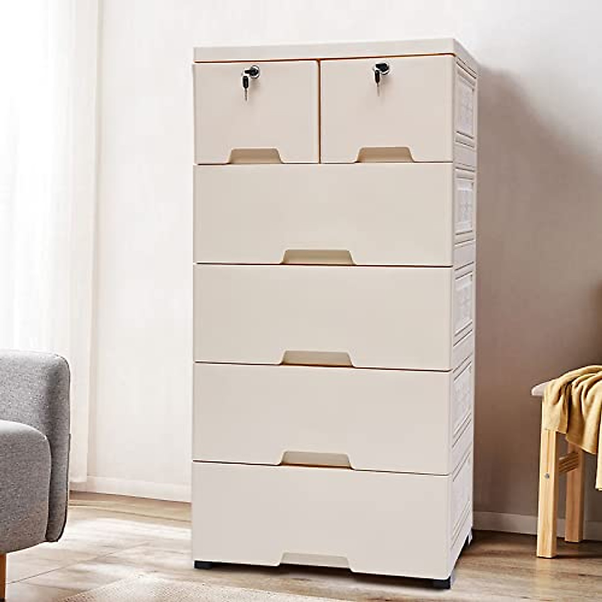 Hteedy 6 Drawer Dresser PP Cabinet Movable Storage Tall Closet Lockable Bedroom Cupboard Tower Closet Drawers Tall Dresser Organizer for Clothes Beige Color