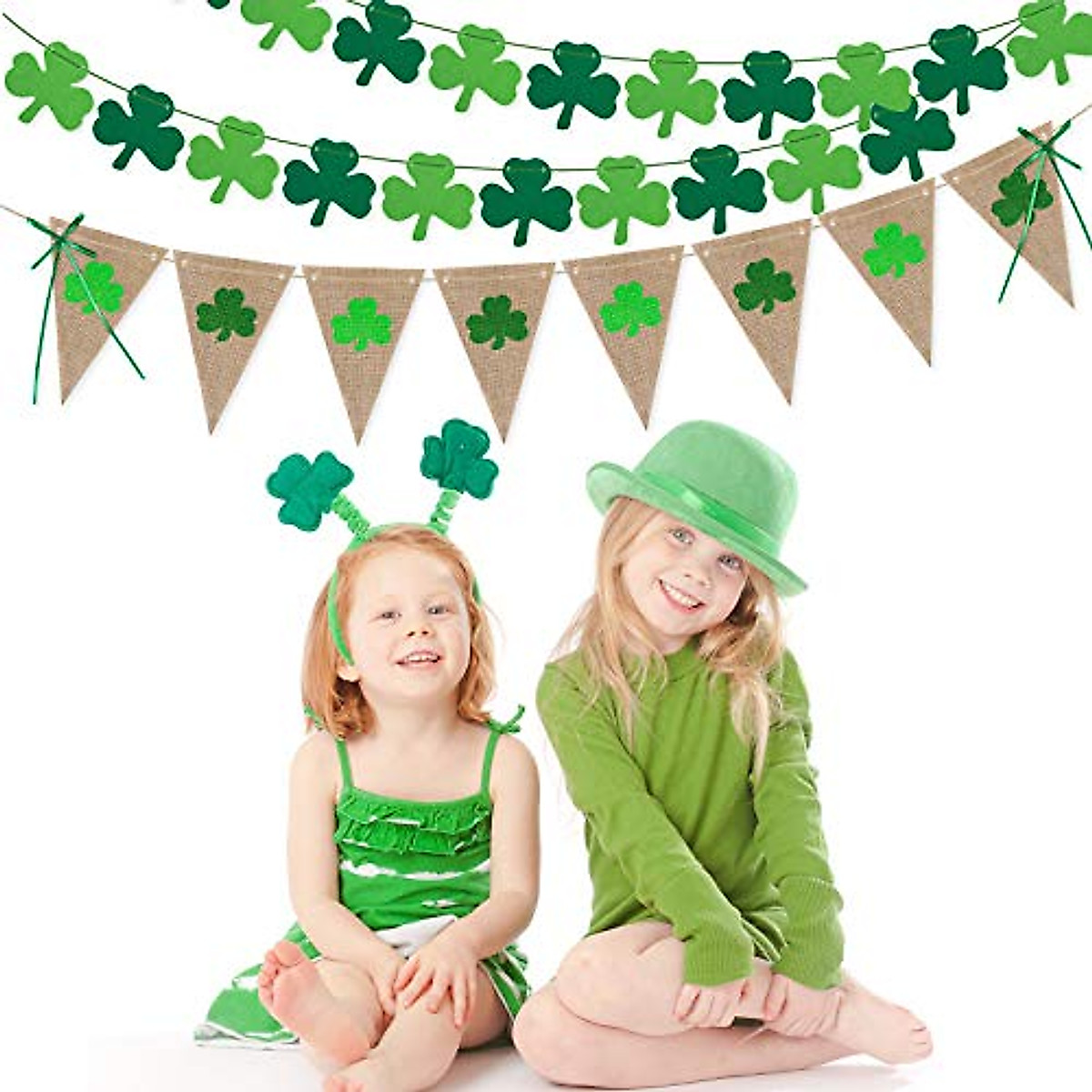 3 Pack Shamrock Garland Banners, Burlap Rustic St. Patrick's Day Banner & Felt Shamrock Garland Decorations for Irish Lucky Day Home Outdoor Hanging Decor