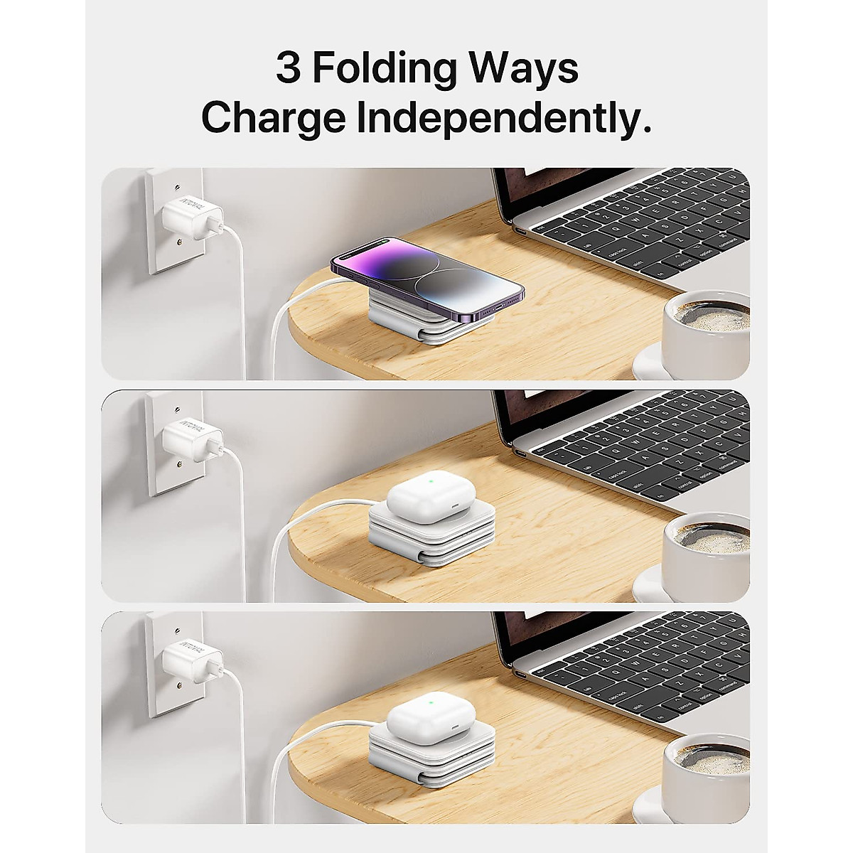 Intoval Foldable Wireless Charger, Magnetic 3 in 1 Charging Station, Fast Wireless Charging for Travel, for iPhone 15/Pro/Max/14/Pro/Max/Plus, Apple Watches, AirPods 3/Pro 2(M3,White)