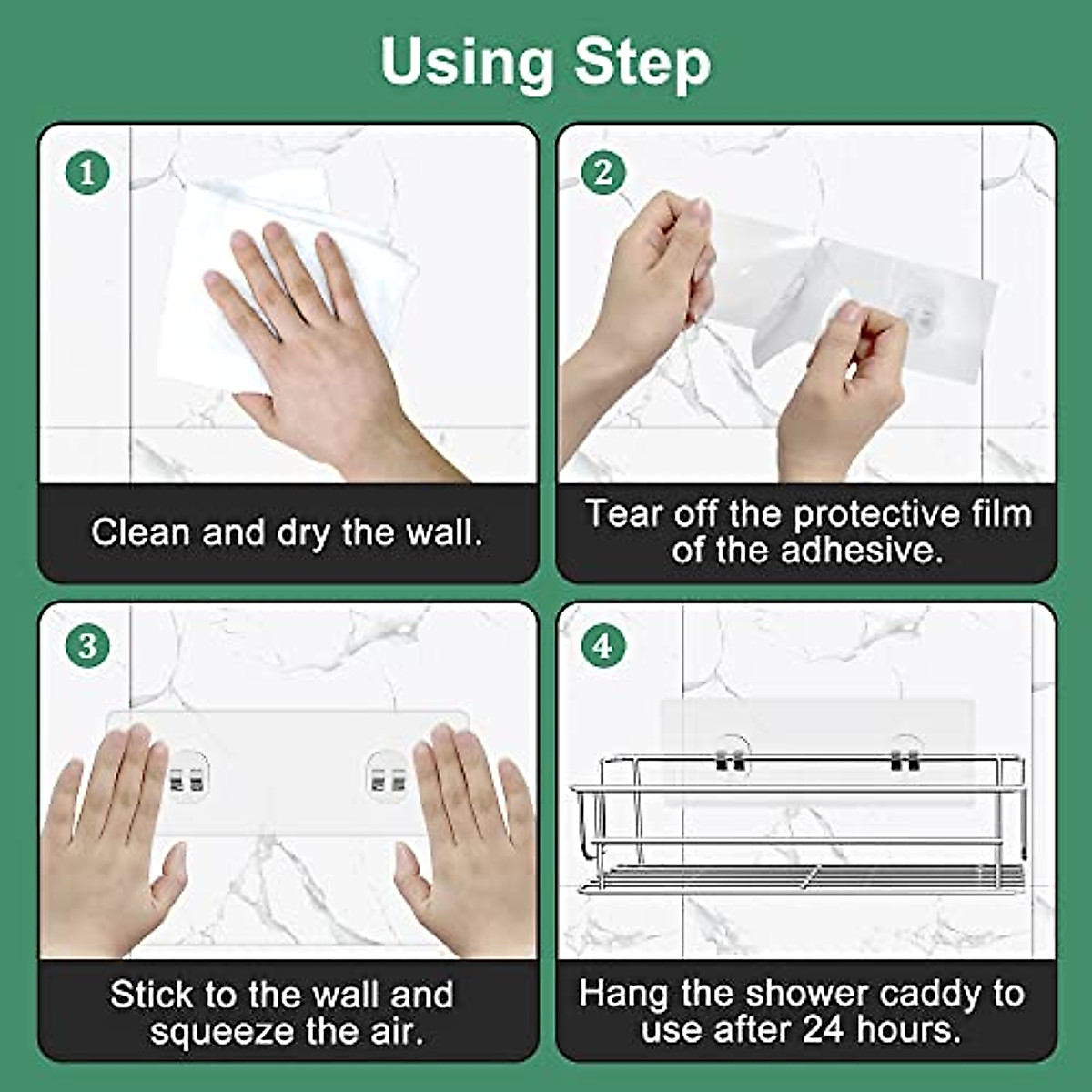 Thideewiz 3 Pack Adhesive Hanging Shower Caddy, 2.7-3.1inch Height Stainless Steel Bathroom Organizer, Silver Polished Shower Shelves with 4 Plastic Hooks and 4 Adhesives