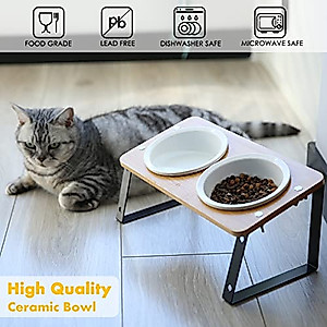 Elevated Ceramic Cat Bowls,15° Tilted Cat Bowls Stand for Food and Water,Adjustable Heights Raised Pet Feeding Dish with Bamboo Stand for Cats and Small Dogs,Anti Vomiting Cat Food Table