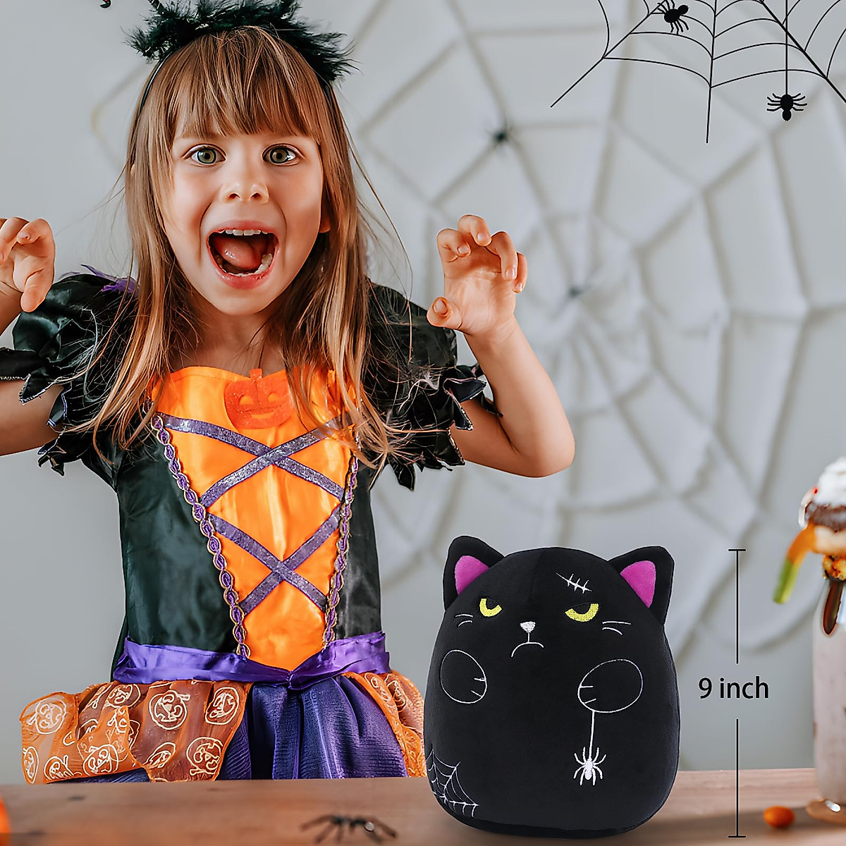 cheerdecor Black Cat Plush - 9" Halloween Cat Stuffed Animals Cool Cat Plush Pillow Soft Cat Plushie with Spider Toy Black Cat Plushies Gift Kids Creepy Cute Spider Black Cat Plush Pillow - Ebon