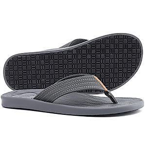 KuaiLu Mens Flip Flops Arch Support Comfortable Cushion Memory Foam Recovery Walking Waterproof Leather Thong Sandals Orthotic Plantar Fasciitis Summer Casual Beach Pool Slip on Slippers Grey Size 11