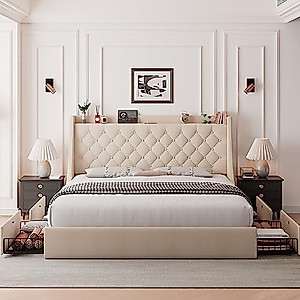 Feonase Queen Bed Frame with 4 Storage Drawers, Type-C & USB Port and Charging Station, Upholstered Wingback Headboard and Storage Shelf, No Box Spring Needed, Easy Assembly, Beige
