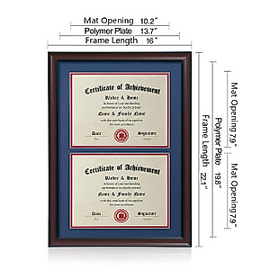 ELSKER&HOME Double Certificate Frame-Cherry Wood Color - 2.0mm Panels-Made for Document&Diploma for Two 8.5x11 Inch with Mat and 14x20 Inch Without Mat(Double Mat,Navy with Red Rim)