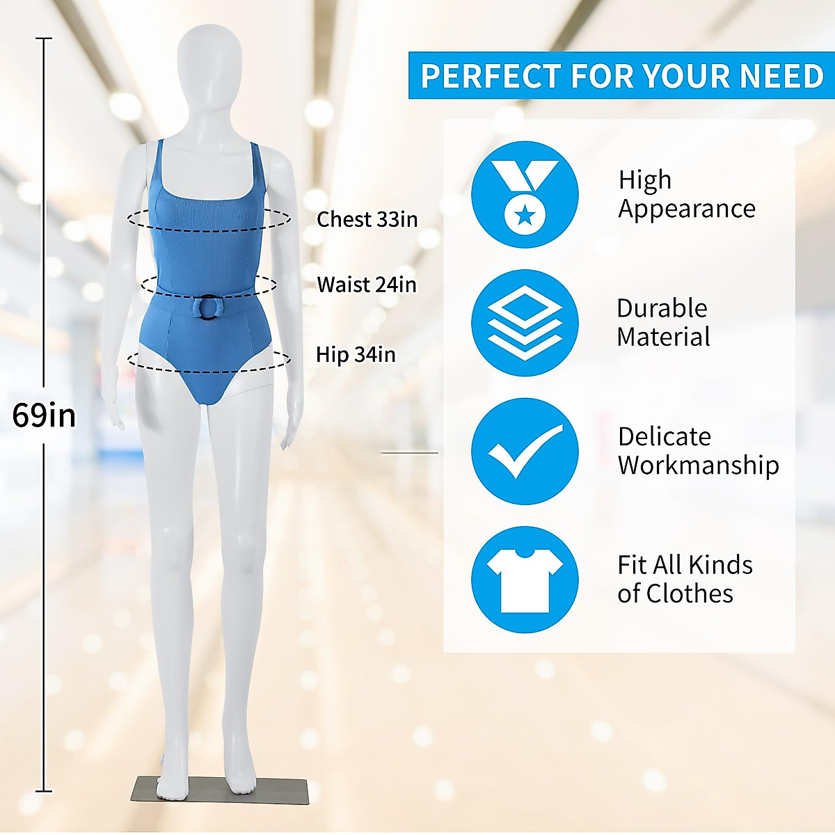 Female Mannequin Full Body Dress Form Sewing Dress Model Stand Adjustable Dress Mannequin 69" Detachable Manikin Body Display Head Rotation Manikin Torso Stand w/ Metal Base, White