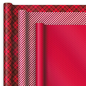 Hallmark Holiday Wrapping Paper with DIY Bow Templates on Reverse (3 Rolls: 120 sq. ft. ttl) Red Plaid, Stripes, Polka Dots for Christmas, Valentines Day, Birthdays, Graduations