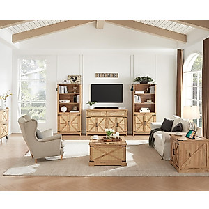 Barnyatoh Farmhouse 5 Tier Bookcase with Rattan Doors, 70" Tall Bookshelf with Storage Cabinet, Boho Wooden Furniture Bookshelves for Living Room, Home Office