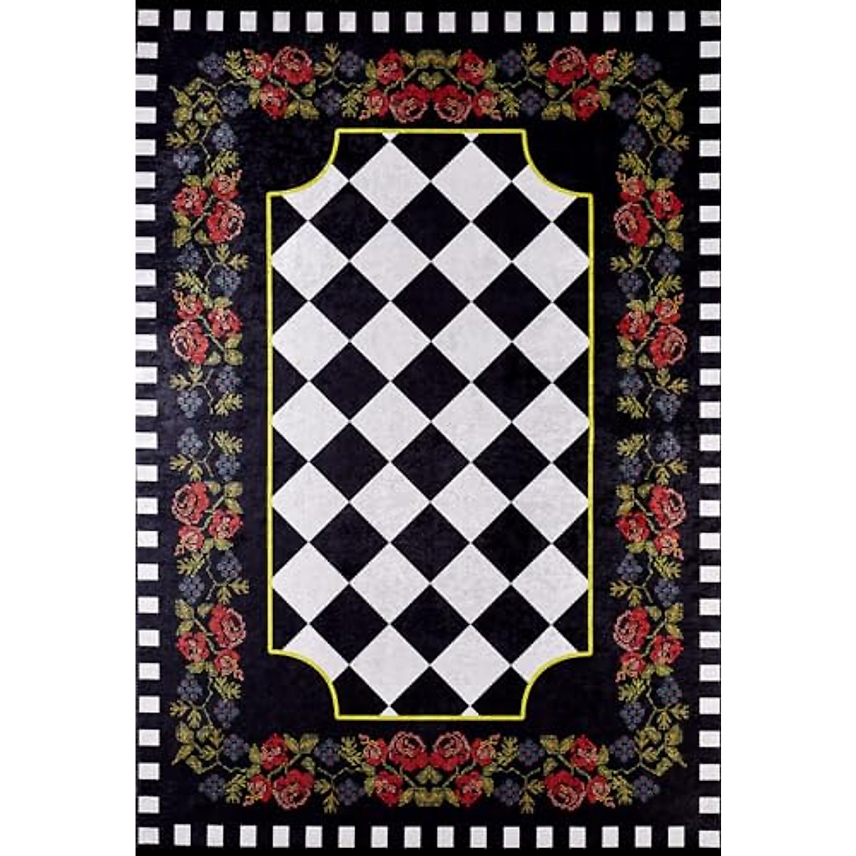 BESPOKY Noginsk Black Floral, Cotton Polyester Area Rug, Machine Washable Rug, Non Slip Rug, Living Room, Bedroom, Nursery, Hallway, Corridor, Rug, Indoor Outdoor Area Rug