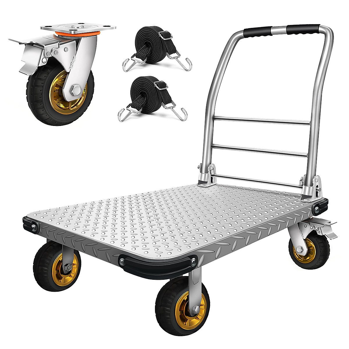 Platform Truck Flatbed Cart Heavy Duty Steel Foldable Push Cart Dolly with 2000Lbs Capacity and Bungee Cords,36 x 24 Large Flatbed Platform Cart with Brake and 6" 360 Degree Swivel Wheels for Moving