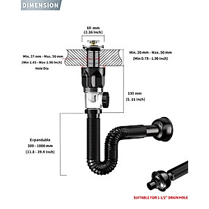 KKDFTU® 2 in 1 Bathroom Sink Drain Kit with Flexible & Expandable P-Trap, Suitable for 1-1/2'' Drain Hole, Pop Up Drain with Built-in Anti-Clogging Stopper Fits Overflow or No Overflow Vessel Sink