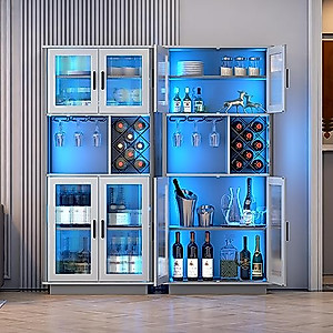 LVSOMT LED Wine Bar Cabinets with Removable Wine Rack, Bar Cabinets for Liquor with Light Motion Sensor, Kitchen Cabinet Storage for Dinning Room, Living Room (Dark Grey + Light Grey)