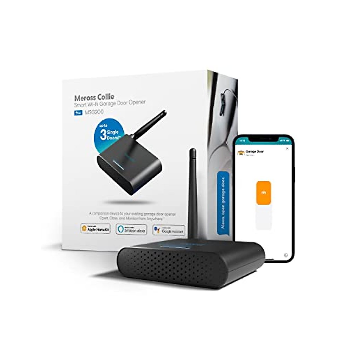 Smart Garage Door Opener Remote with External Antenna, Up to 3 Single Doors, Compatible with Apple HomeKit, Amazon Alexa, Google Assistant, SmartThings, App Control, No Hub Needed