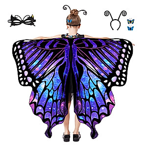 Tibeha Halloween Butterfly Costume for Girls - Double-Sided Printing Wings Kids Cape with Mask, Antenna Headband, Hair Clips
