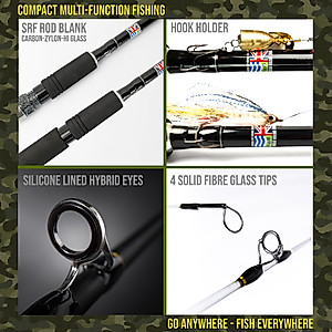 Rigged and Ready X5 Travel Fishing Combination.Super Compact,Carry Size 40cm(15.8’),Multi-Functional Rod+4 Tips,1 Spin Reel +1 Fly Reel + case. 1 Rod 5 Fishing Options.2.22m(7’ 3”)+1.9m (6'3") Length