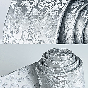 Silver Tie for Men Solid Paisley Floral Grey Mens Ties Handkerchief Set Classic Business Flower Tuxedo Neckties for Wedding Party Tie