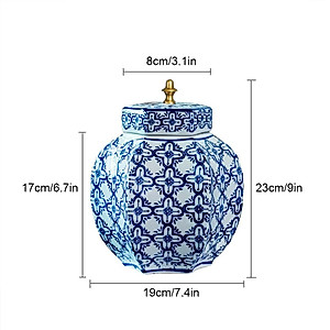 Blue and White Hand Painted Pattern Ceramic Ginger Jar with Lid Storage Decorative Jar for Home Decor