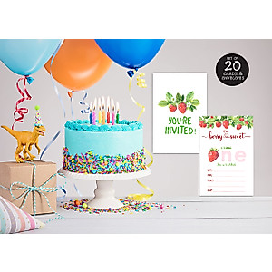 QOFO Sweet Strawberry First Birthday Party Invitation Card-Set of 20 With Envelopes,Birthday Invitation Cards,Birthday Party Decorations And Supplies-YQC31