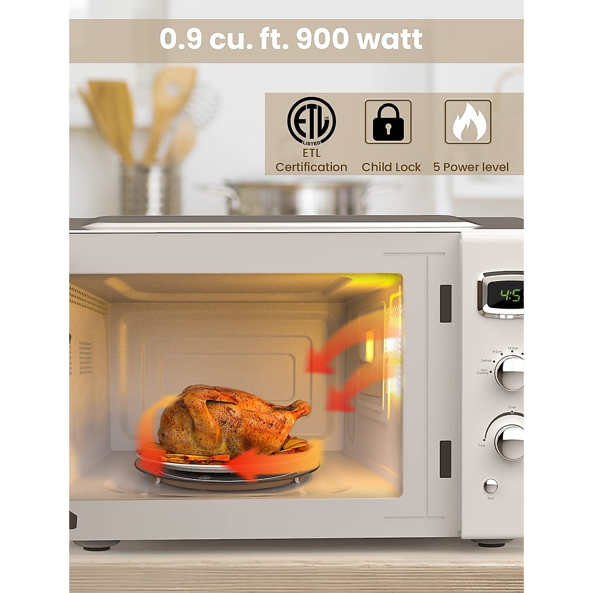 Retro Microwave Oven, SIMOE Compact Microwave Countertop 0.9 cu.ft. 900 W