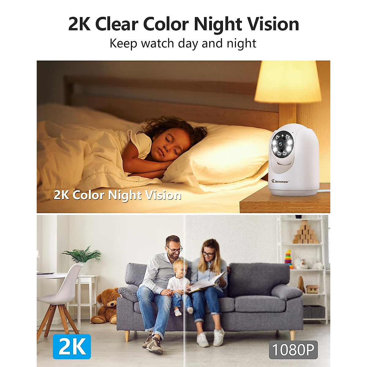 Jennov 2K Pan/Tilt Indoor Cameras for Home Security - 2.4 GHz Pet Dog Camera with Phone App, WiFi Baby Camera Monitor, Color Night Vision, Motion Detection, Auto Tracking, Compatible with Alexa