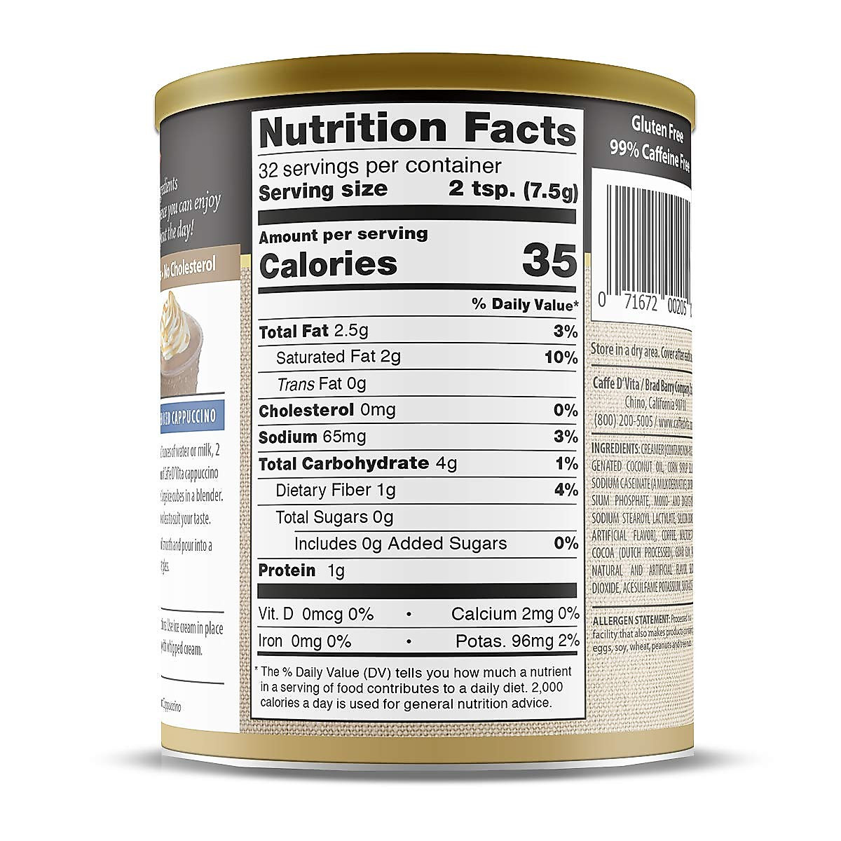 Caffe D'Vita Sugar Free Mocha Cappuccino Mix - Sugar Free Mocha Mix, Gluten Free, No Cholesterol, No Hydrogenated Oils, No Trans Fat, 99% Caffeine Free, Sugar Free Mocha Powder - 8.5 Oz Can