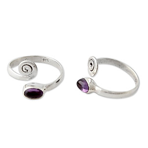NOVICA Artisan Handmade Amethyst Toe Rings Sterling Silver from India Pair Purple Ultra Violet Birthstone [ring Front 0.4 in L x 0.4 in W x 0.2 in H Band Width 2 mm W] ' Curls' Pair