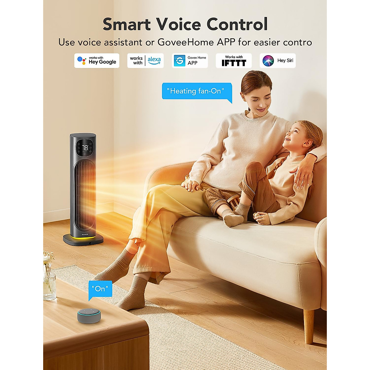 GoveeLife 24" Space Heater, 80° Oscillating Smart Electric Heater with Thermostat, WiFi APP & Voice Control, 4 Mode, 24H Timer, Night Light, 1500W Tower Ceramic Heater for Indoor Use, Large Room