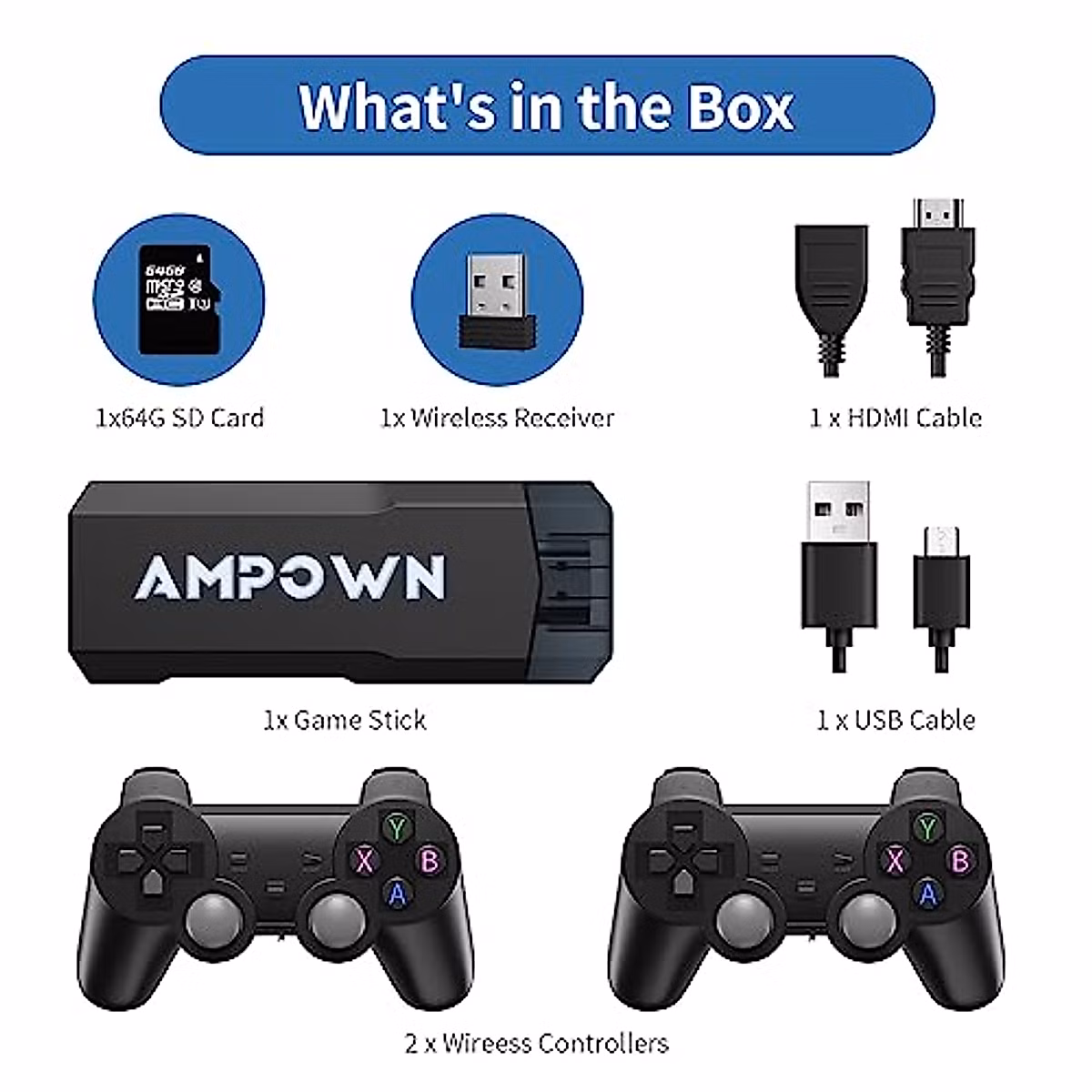 GD20 Game Stick 64G Built in 30,000+ Games, Dual 2.4G Wireless Controllers, Video Game Consoles for 4K 60fps HDMI Output with 20+ Emulators