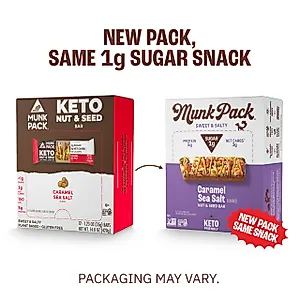 Munk Pack Nut & Seed Bar Caramel Sea Salt | 1g Sugar, Low Carb & Keto, 5g Protein | Gluten Free, Plant Based, Zero Added Sugar | Sweet & Salty Breakfast & Snack Bars | 12 Count