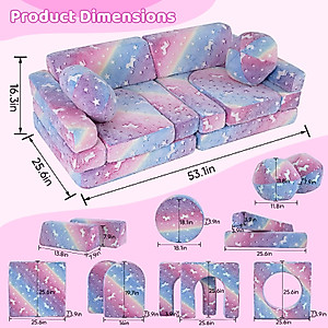 13 PCS Kids Play Couch, Modular Kids Play Couch Set,Glowing Toddler Couch, Kid Play Couch Sofa for Playroom and Bedroom (Rainbow)