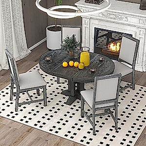 Prohon Round Extendable Table and 4 Upholstered Tufted Chairs with X-Shape Wood Legs, Retro Style 5 Piece Dining Set Farmhouse Furniture for Kitchen/Living Room/Apartments, Black