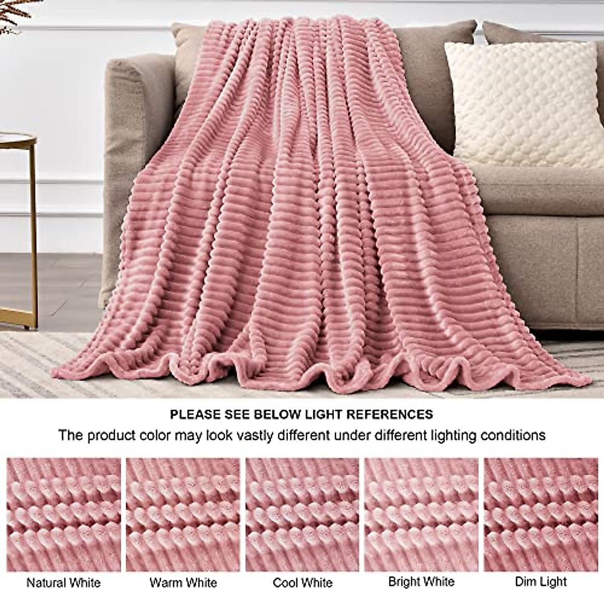 BEDELITE Fleece Throw Blanket for Couch – 3D Ribbed Jacquard Soft and Warm Decorative Spring Blankets – Cozy, Fuzzy, Fluffy, Plush Lightweight Pink Throw Blankets for Bed, Sofa, 50x60 inches